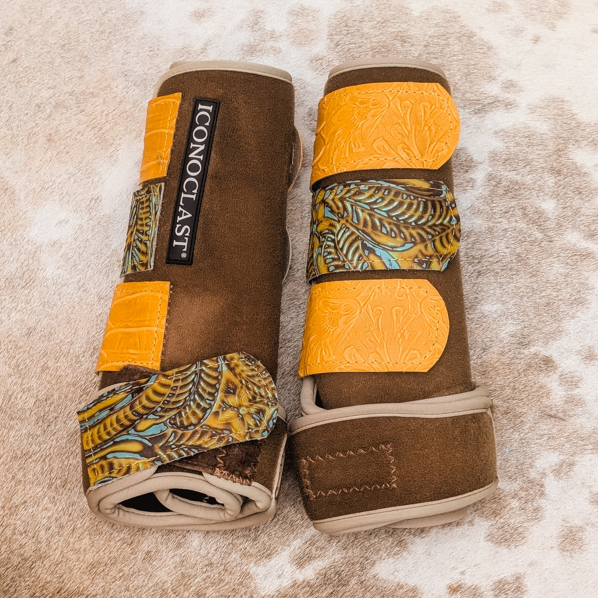 Medium Brown Dyed Iconoclast Fronts w/ Yellow Floral Leather and Yello ...