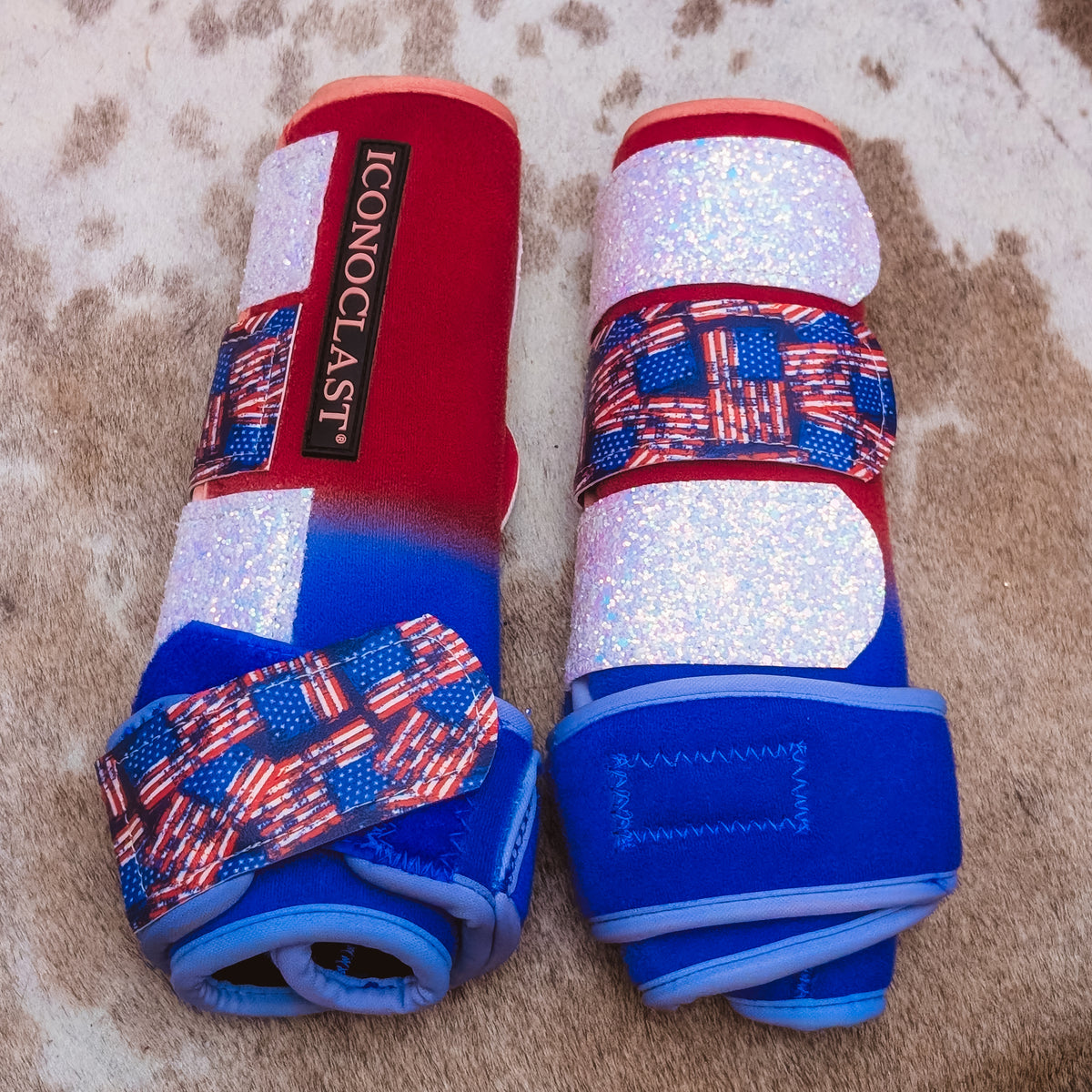 Medium Red/Blue Double Dyed Iconoclast Fronts w/ Flag and White Glitte ...